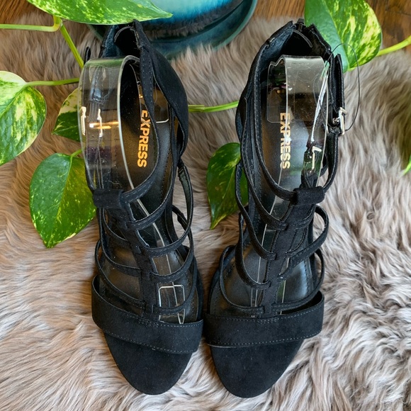 Express | Shoes | Express Strappy Caged Heels New Black Faux Suede 7 ...